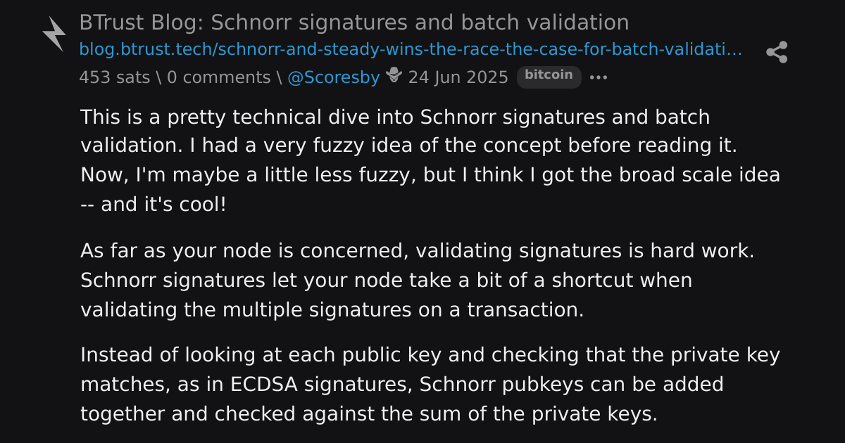 BTrust Blog: Schnorr signatures and batch validation \ stacker news ...