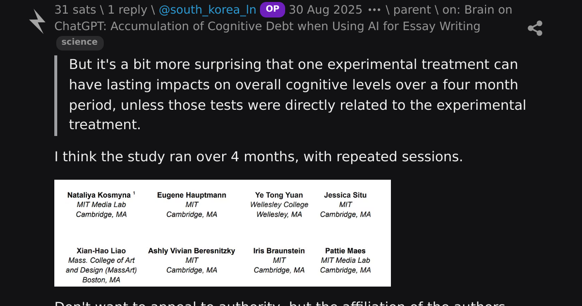 reply on: Brain on ChatGPT: Accumulation of Cognitive Debt when Using ...