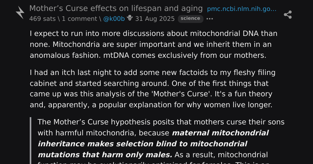 Mother’s Curse effects on lifespan and aging \ stacker news