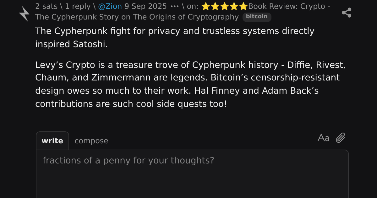 reply on: ⭐⭐⭐⭐⭐Book Review: Crypto - The Cypherpunk Story on The ...