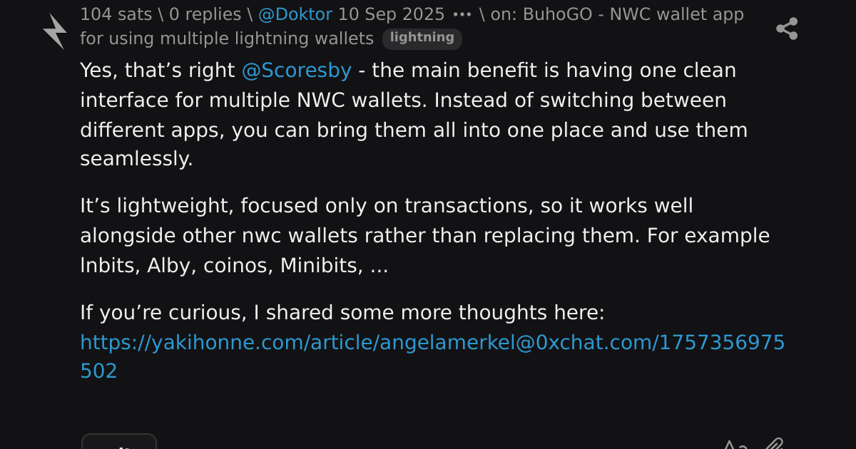 reply on: BuhoGO - NWC wallet app for using multiple lightning wallets ...