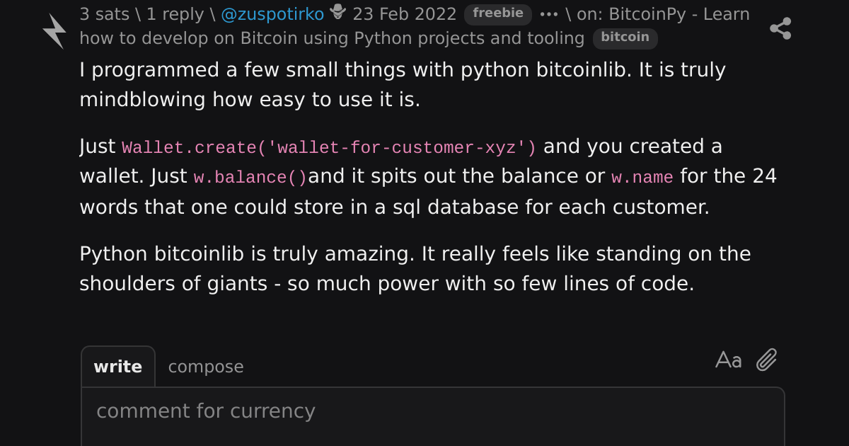 reply on: BitcoinPy - Learn how to develop on Bitcoin using Python ...