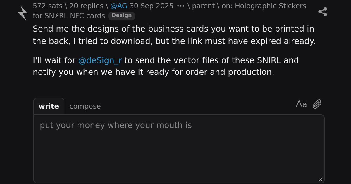 reply on: Holographic Stickers for SN⚡️RL NFC cards \ stacker news