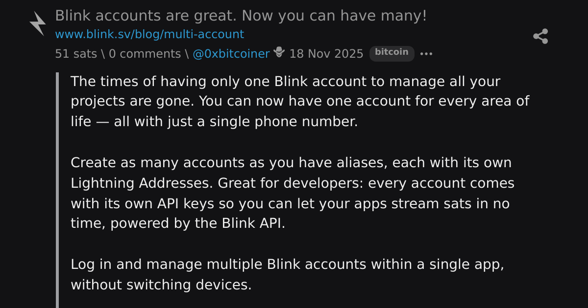 Blink accounts are great. Now you can have many! \ stacker news ~bitcoin