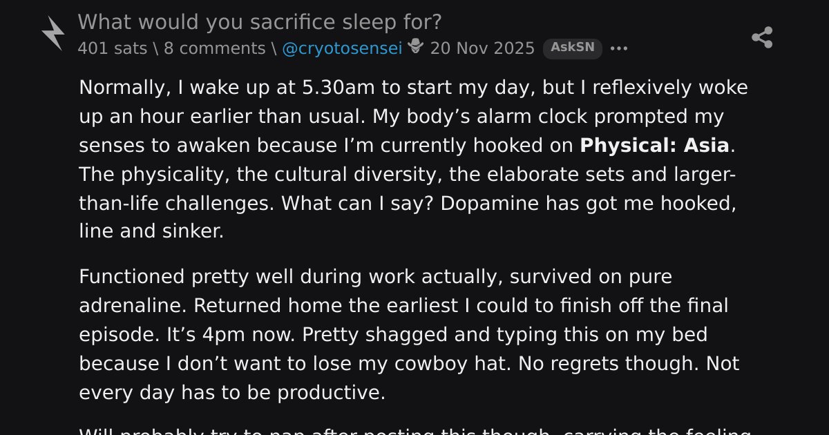 What would you sacrifice sleep for? \ stacker news