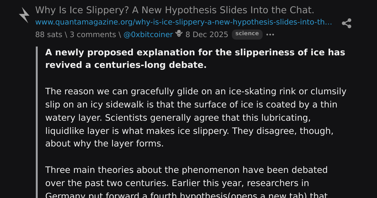 Why Is Ice Slippery? A New Hypothesis Slides Into the Chat. \ stacker news