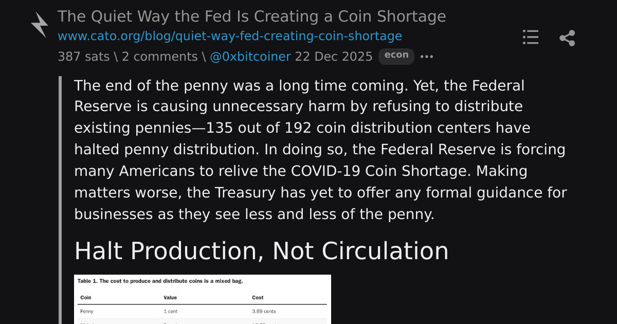 The Quiet Way the Fed Is Creating a Coin Shortage \ stacker news