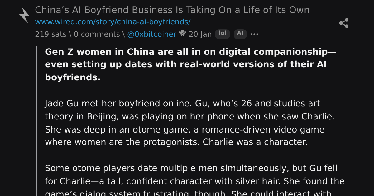 China’s AI Boyfriend Business Is Taking On a Life of Its Own \ stacker news