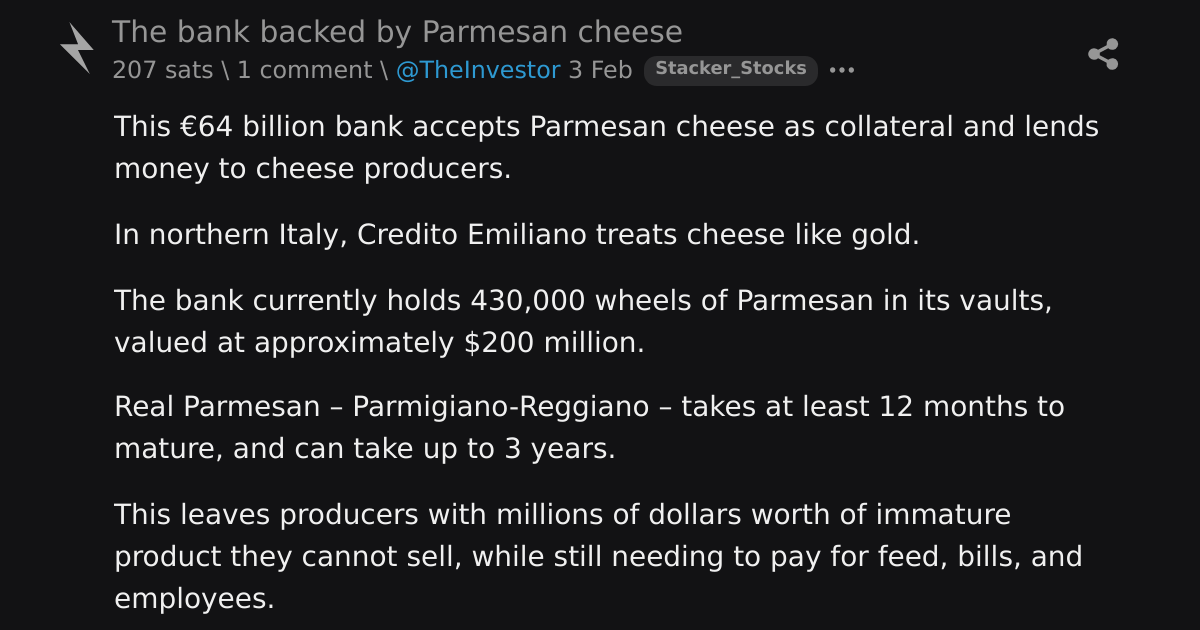 The bank backed by Parmesan cheese \ stacker news