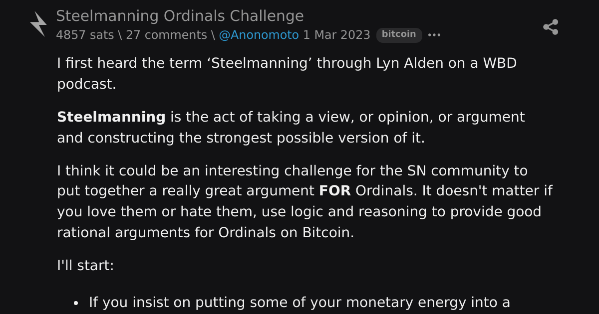Steelmanning Ordinals Challenge \ stacker news