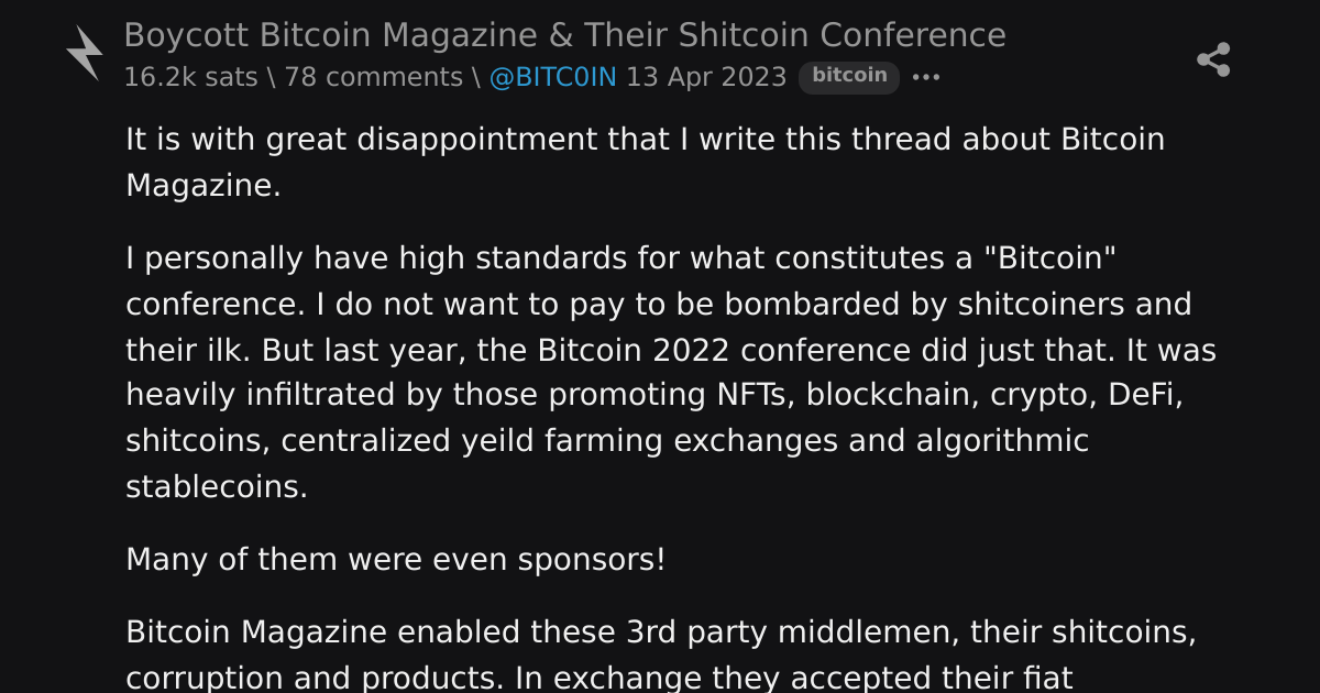 Boycott Bitcoin Magazine & Their Shitcoin Conference \ stacker news