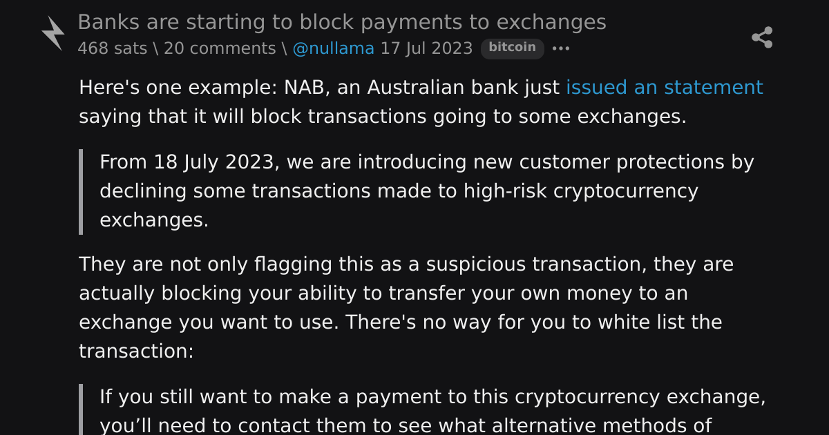 Banks are starting to block payments to exchanges \ stacker news ~bitcoin