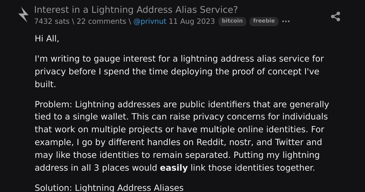 Interest in a Lightning Address Alias Service? \ stacker news ~bitcoin