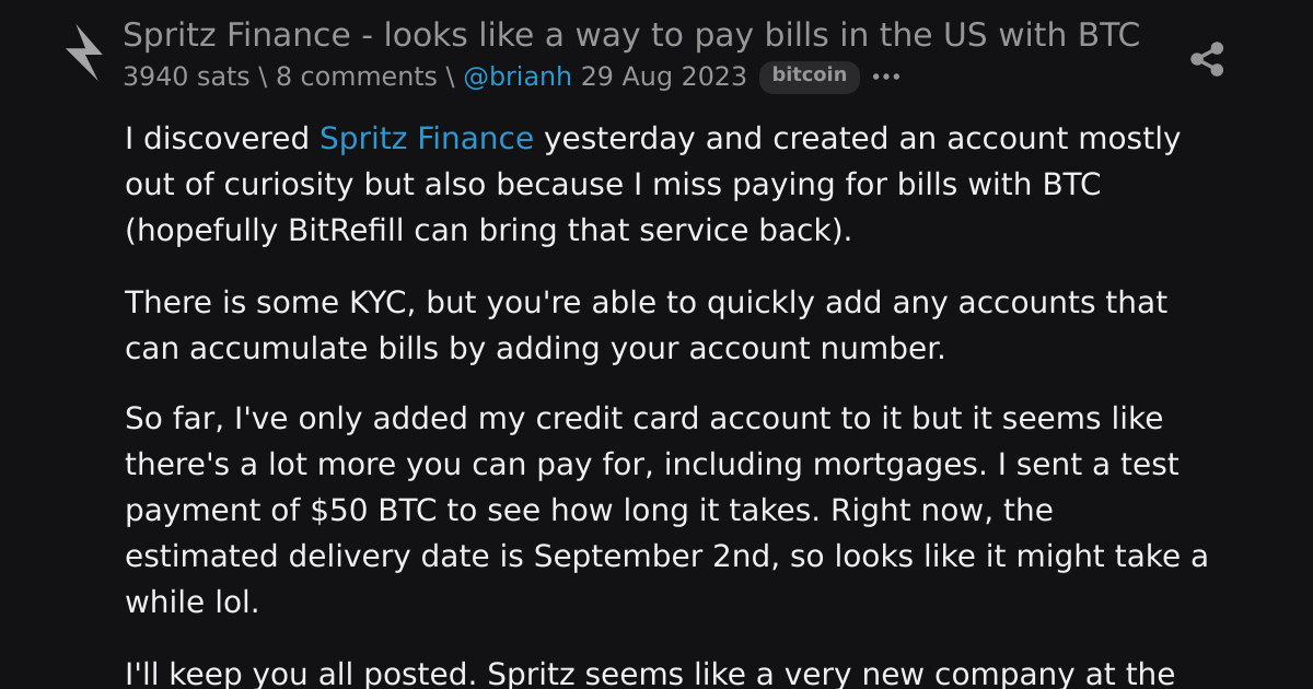 Spritz Finance - looks like a way to pay bills in the US with BTC ...