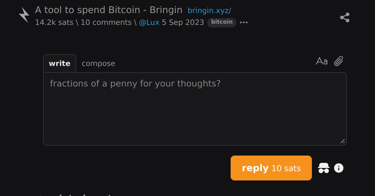 A tool to spend Bitcoin - Bringin \ stacker news ~bitcoin