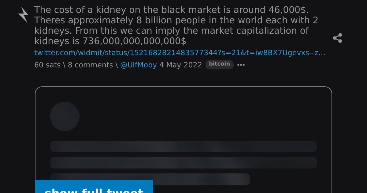 The cost of a kidney on the black market is around 46,000$. Theres ...