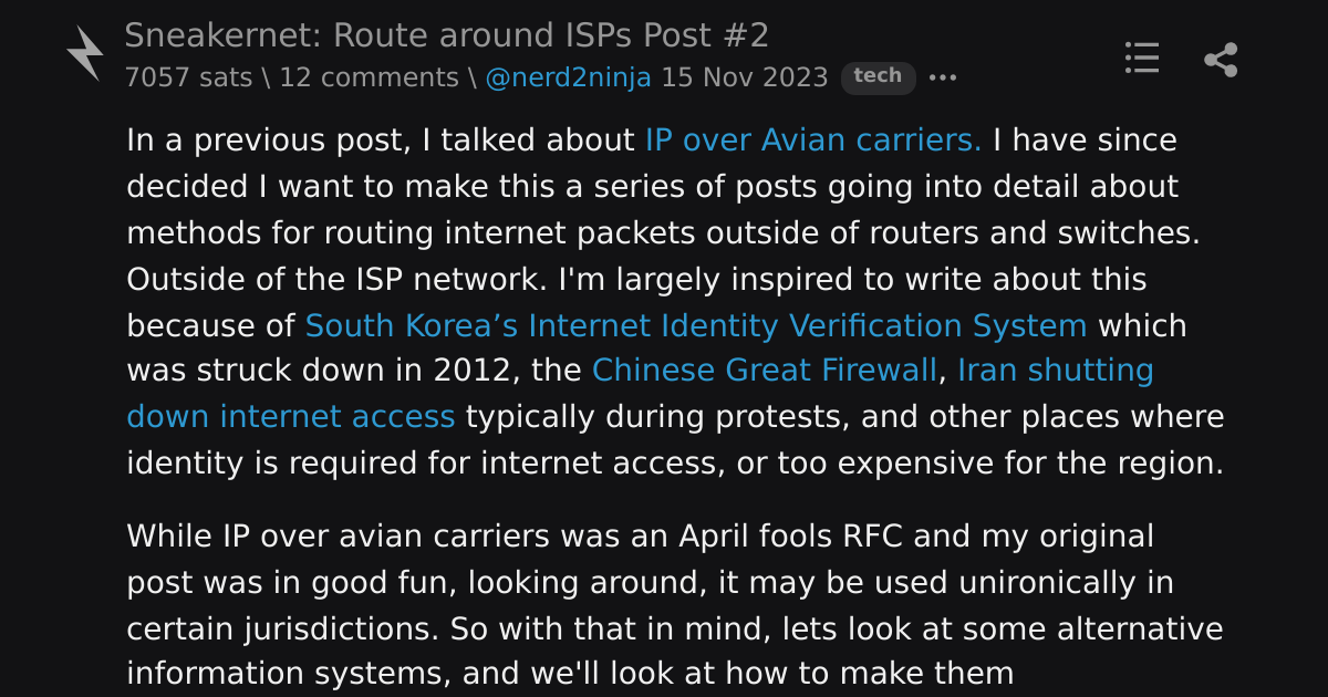 Sneakernet: Route around ISPs Post #2 \ stacker news