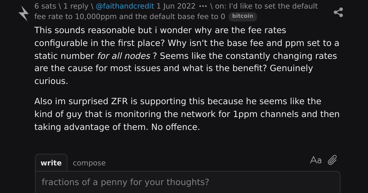reply on: I'd like to set the default fee rate to 10,000ppm and the ...