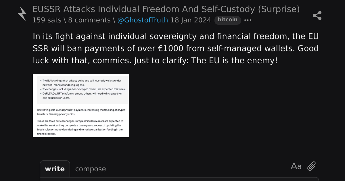 EUSSR Attacks Individual Freedom And Self-Custody (Surprise) \ stacker news