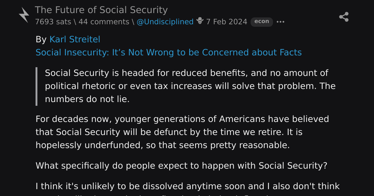 The Future of Social Security \ stacker news ~econ