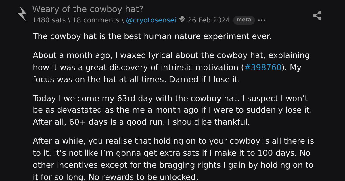 Weary of the cowboy hat? \ stacker news ~meta