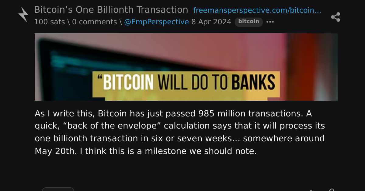 Bitcoin’s One Billionth Transaction \ stacker news ~bitcoin