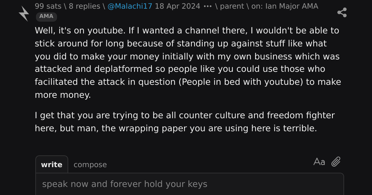 reply on: Ian Major AMA \ stacker news ~AMA
