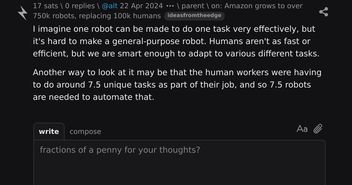 reply on: Amazon grows to over 750k robots, replacing 100k humans ...