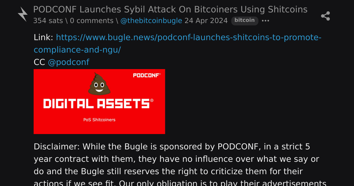 PODCONF Launches Sybil Attack On Bitcoiners Using Shitcoins \ stacker news