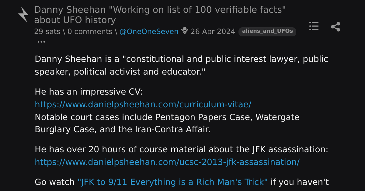 Danny Sheehan "Working on list of 100 verifiable facts" about UFO ...