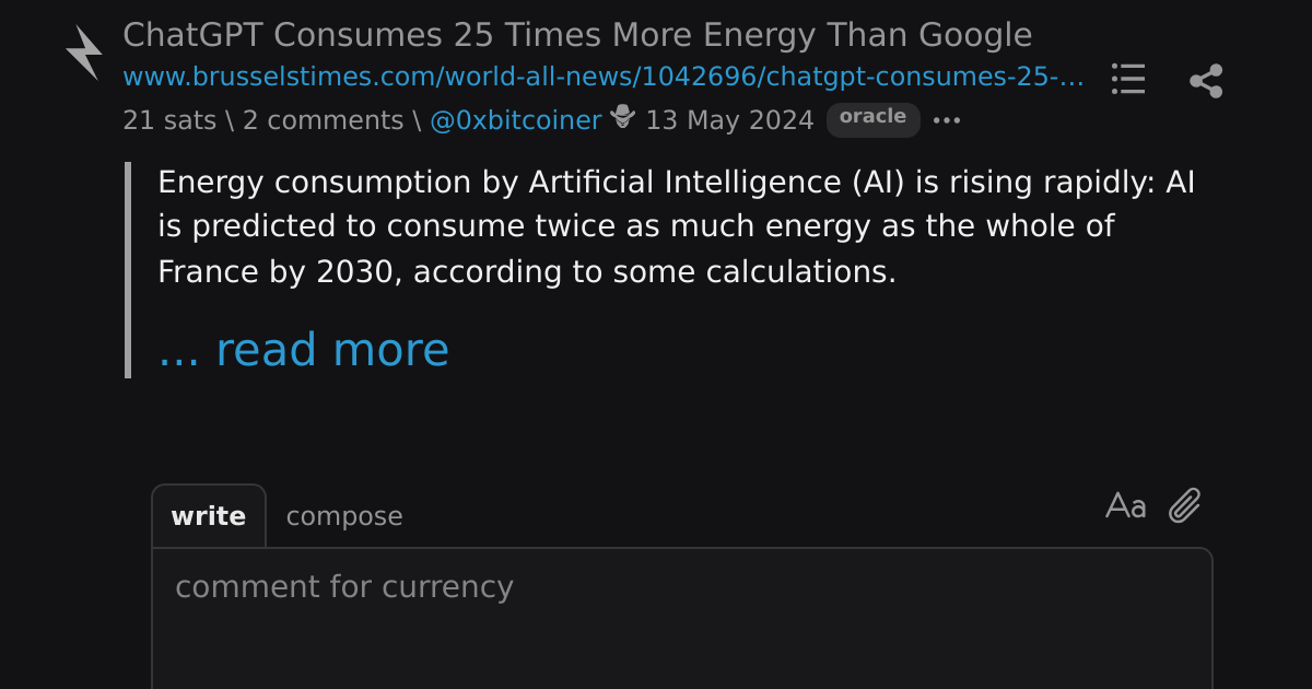 ChatGPT Consumes 25 Times More Energy Than Google \ stacker news