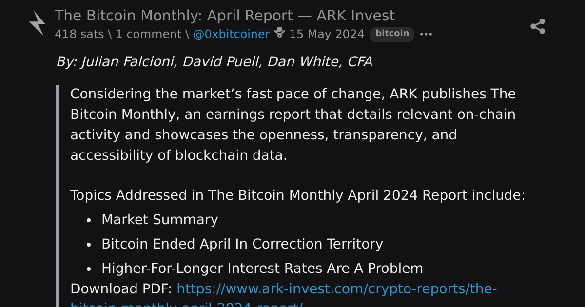 The Bitcoin Monthly: April Report — ARK Invest \ stacker news