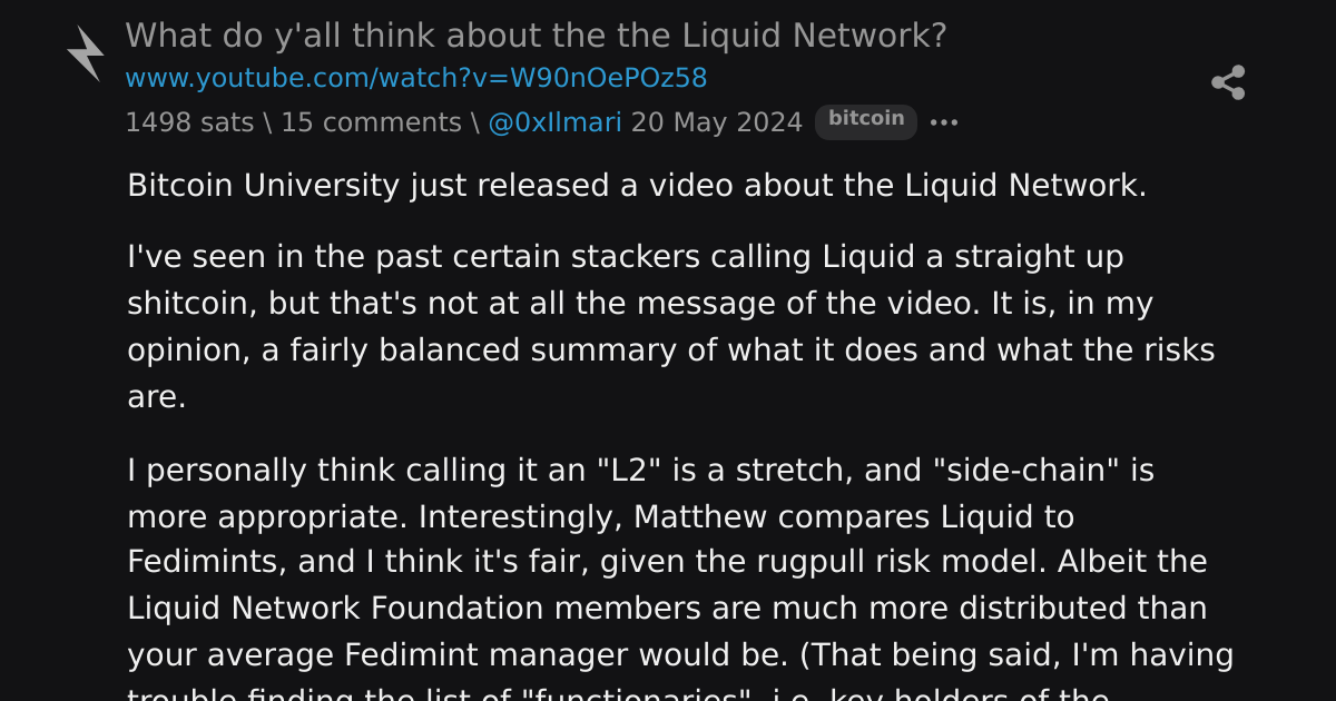 What do y'all think about the the Liquid Network? \ stacker news
