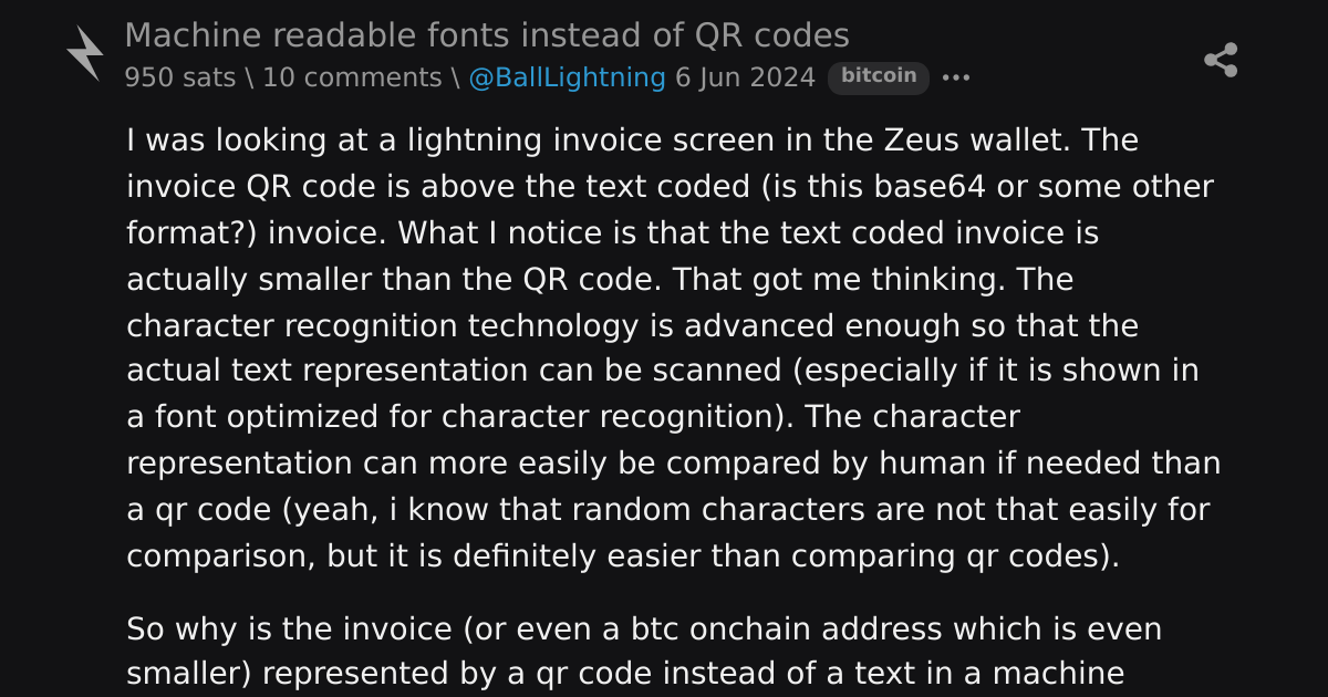 Machine readable fonts instead of QR codes \ stacker news ~bitcoin