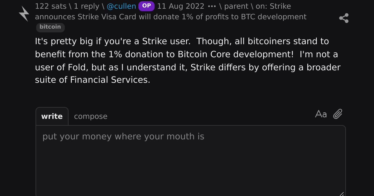 reply on: Strike announces Strike Visa Card will donate 1% of profits ...