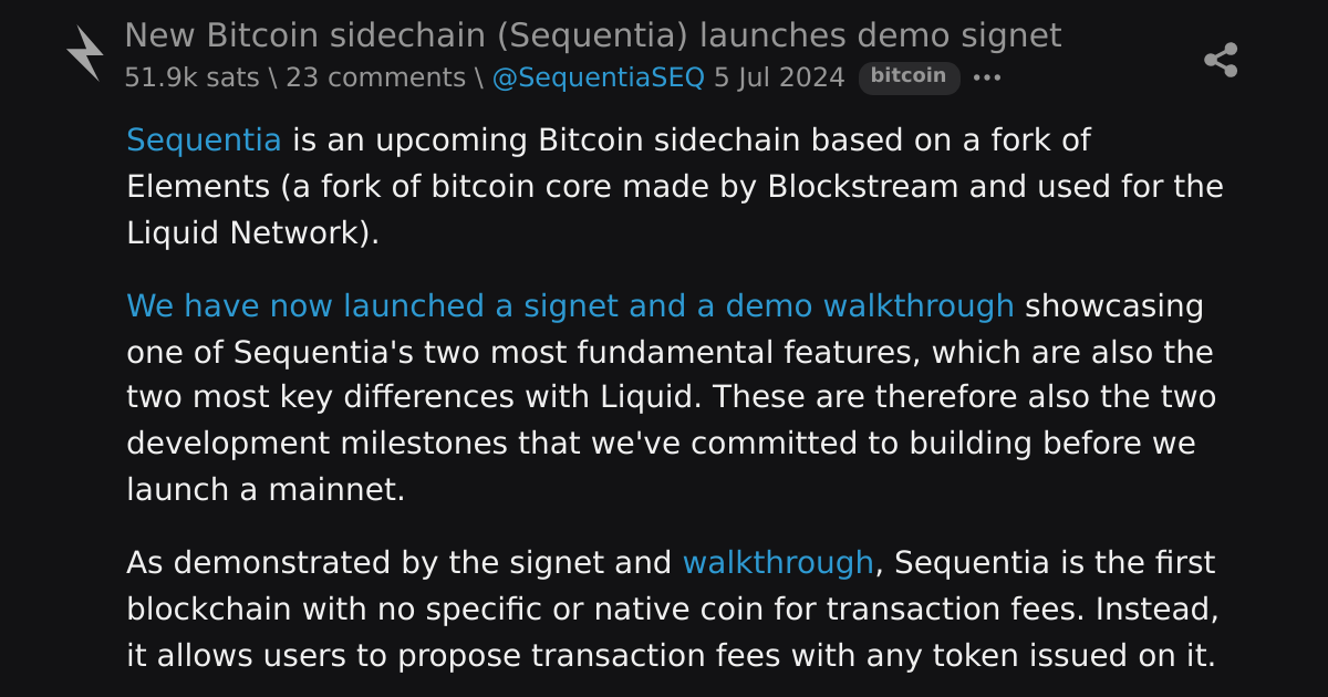 New Bitcoin sidechain (Sequentia) launches demo signet \ stacker news