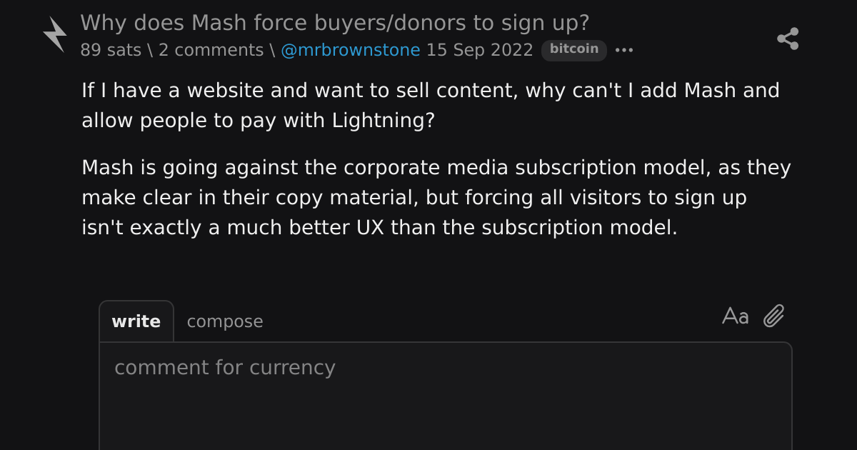 Why does Mash force buyers/donors to sign up? \ stacker news ~bitcoin