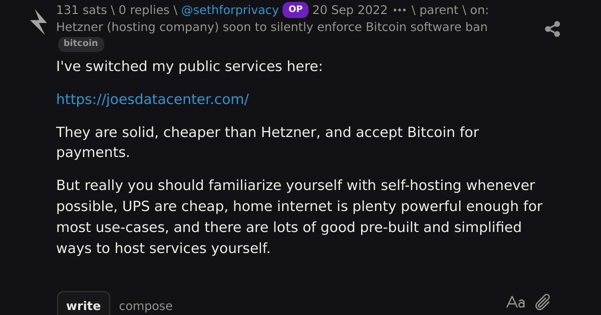 reply on: Hetzner (hosting company) soon to silently enforce Bitcoin ...
