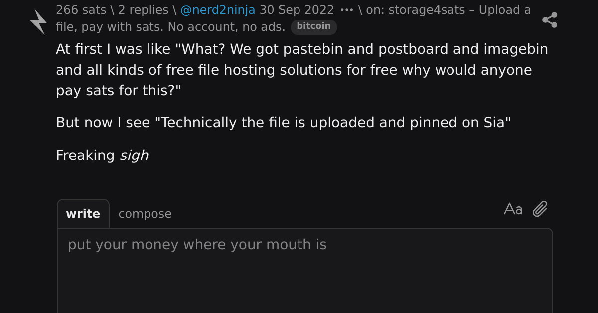 reply on: storage4sats – Upload a file, pay with sats. No account, no ...