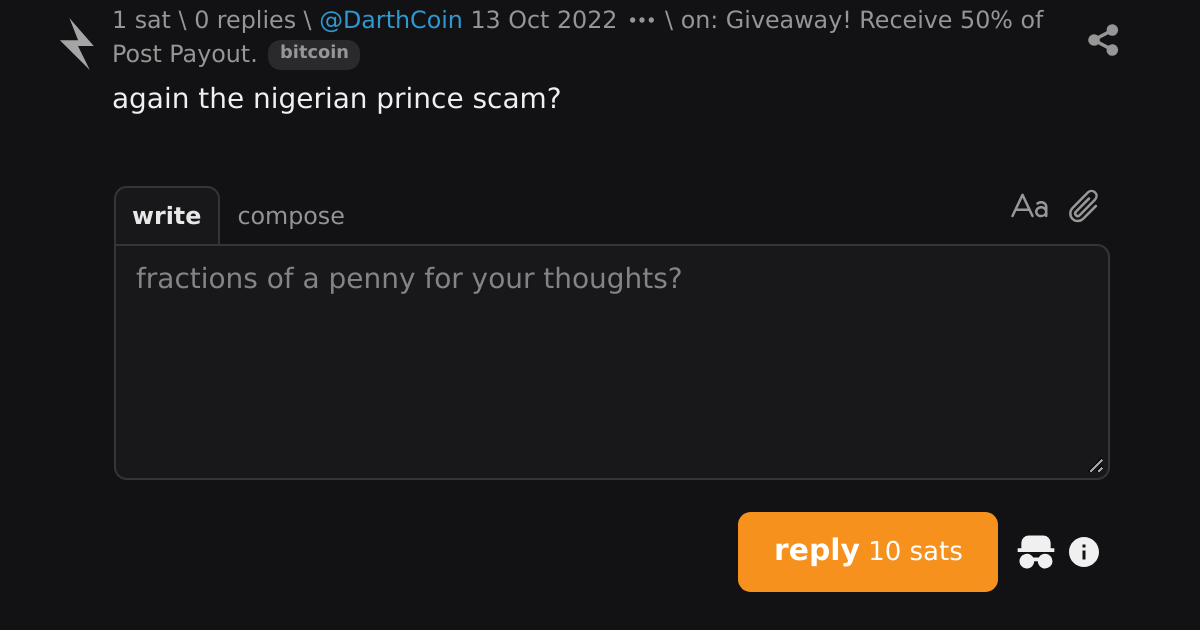 reply on: Giveaway! Receive 50% of Post Payout. \ stacker news ~bitcoin