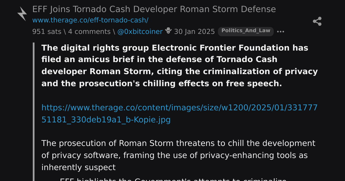 EFF Joins Tornado Cash Developer Roman Storm Defense \ stacker news