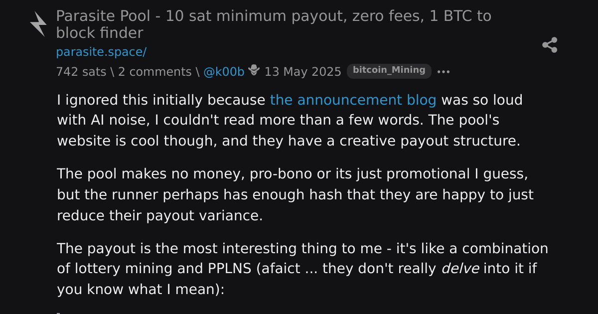 Parasite Pool - 10 sat minimum payout, zero fees, 1 BTC to block finder ...